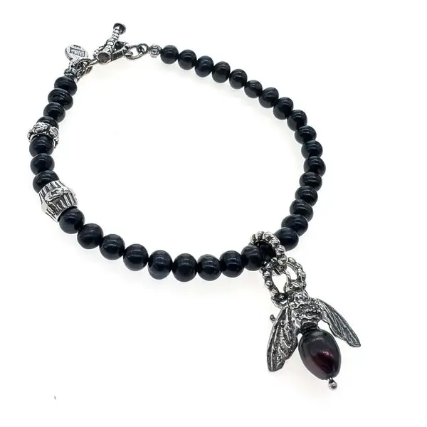 GEM KINGDOM Black / Silver Black Pearl Bee My Honey Bracelet Silver