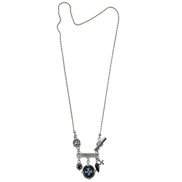 GEM KINGDOM Black / Silver Engraved Onyx Charm Necklace - Black/silver