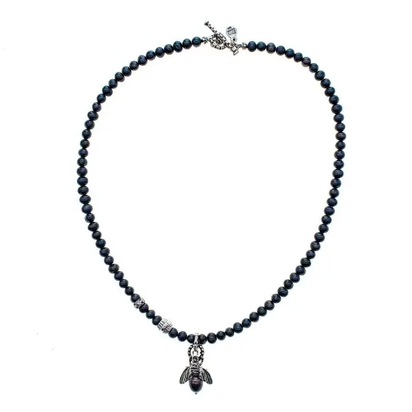GEM KINGDOM Black Pearl Bee My Honey Necklace Silver - Black/silver