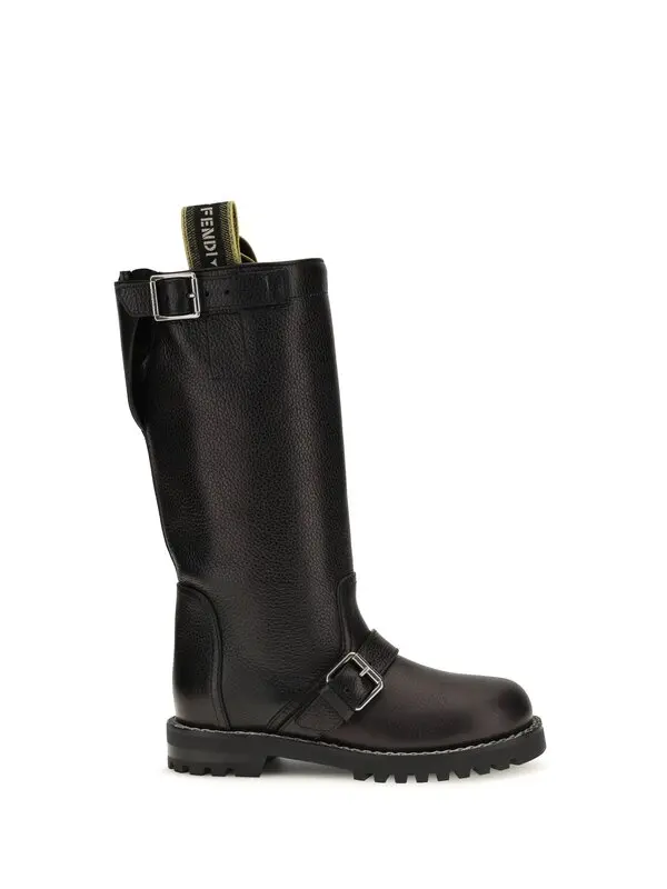 Fendi Glossy Calfskin Biker Boots - Black