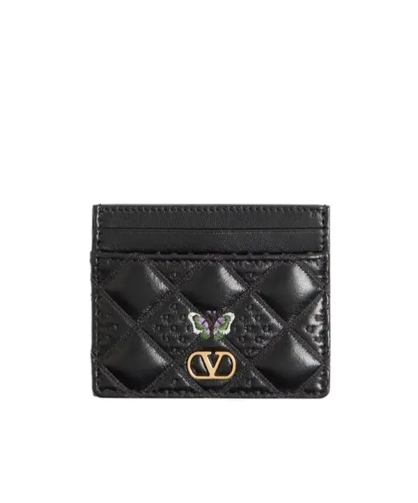 Valentino Garavani Flutterby Cardholder In Shiny Nappa Leather With Butterfly Embroidery - Black