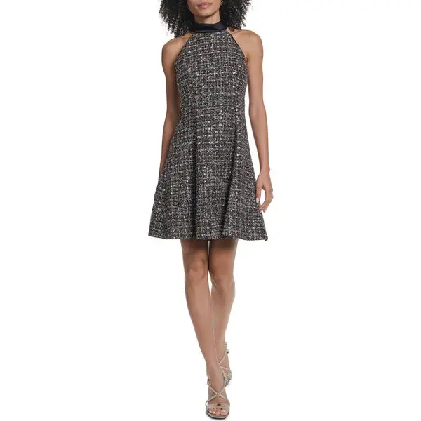 Karl Lagerfeld Paris Satin Collar Tweed Fit & Flare Dress