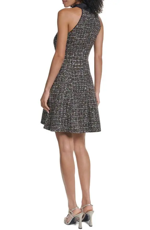 Karl Lagerfeld Paris Satin Collar Tweed Fit & Flare Dress