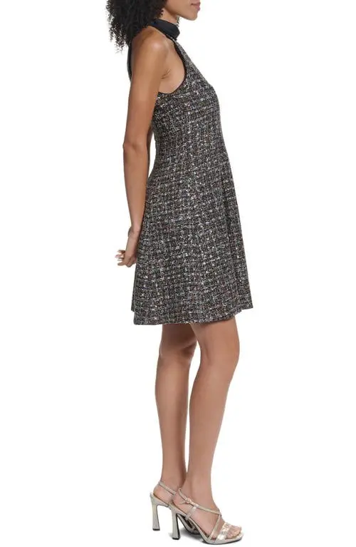 Karl Lagerfeld Paris Satin Collar Tweed Fit & Flare Dress