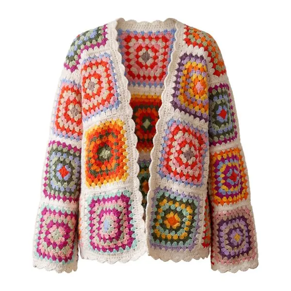 ANA CHIC Cream Trim Granny Square Handmade Crochet Oversized Cardigan