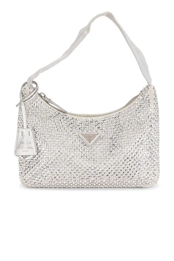 Prada Satin Crystal Embellished Re-edition 2000 Shoulder Bag In Metallic Silver