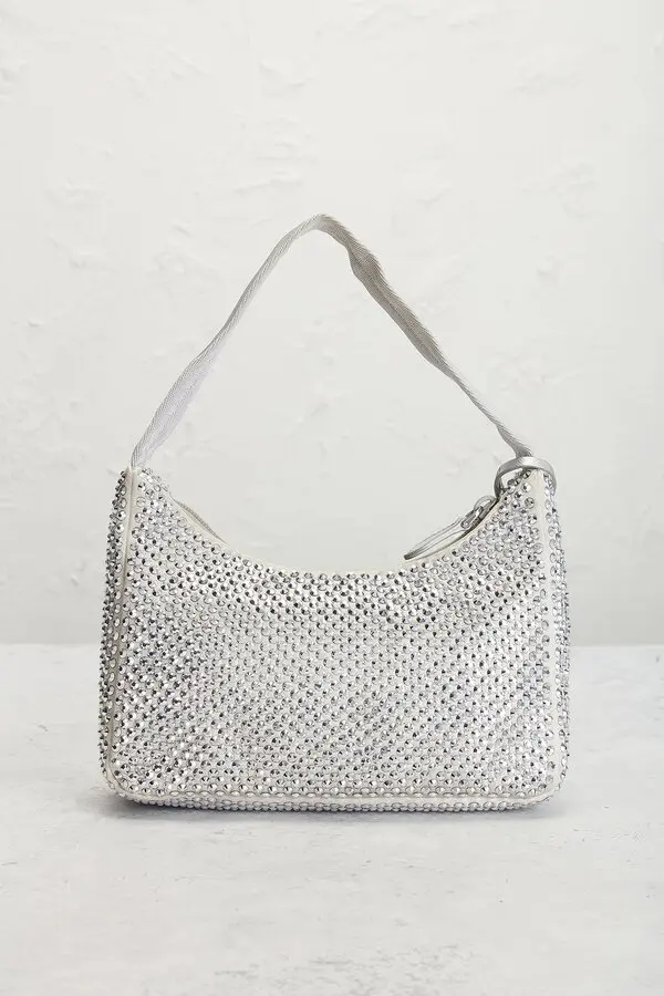 Prada Satin Crystal Embellished Re-edition 2000 Shoulder Bag In Metallic Silver