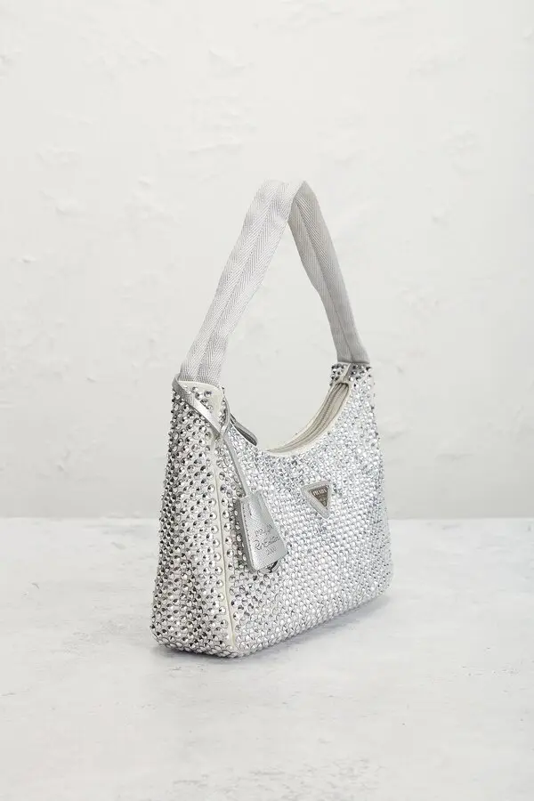 Prada Satin Crystal Embellished Re-edition 2000 Shoulder Bag In Metallic Silver