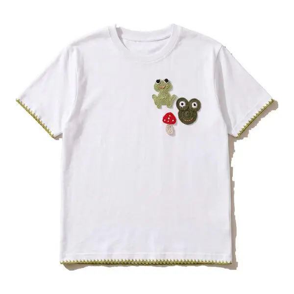 ANA CHIC Frog And Mushroom Handmade Crochet Applique Cotton Tee