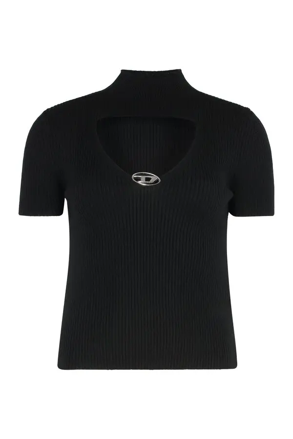 DIESEL® Wool Turtleneck Top With Embellished Oval Cut-out