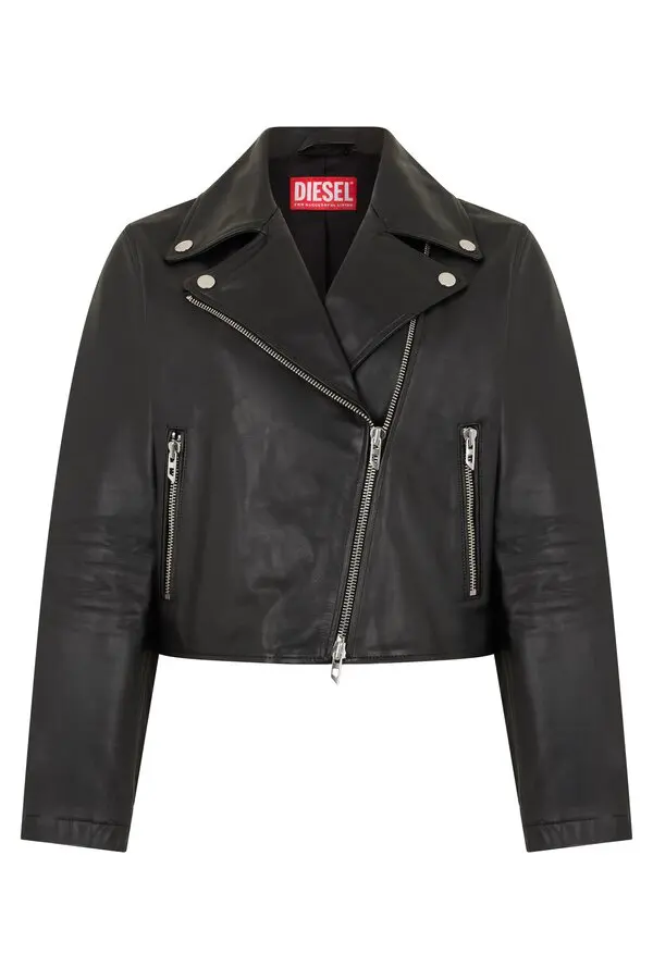 DIESEL® Cropped Leather Jacket With Front Zip And Mandarin Collar