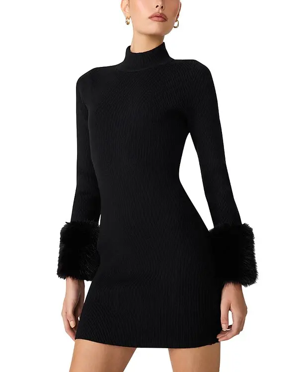 Steve Madden Riello Faux Fur Trim Rib Knit Mini Dress - Black