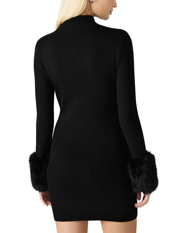 Steve Madden Riello Faux Fur Trim Rib Knit Mini Dress - Black