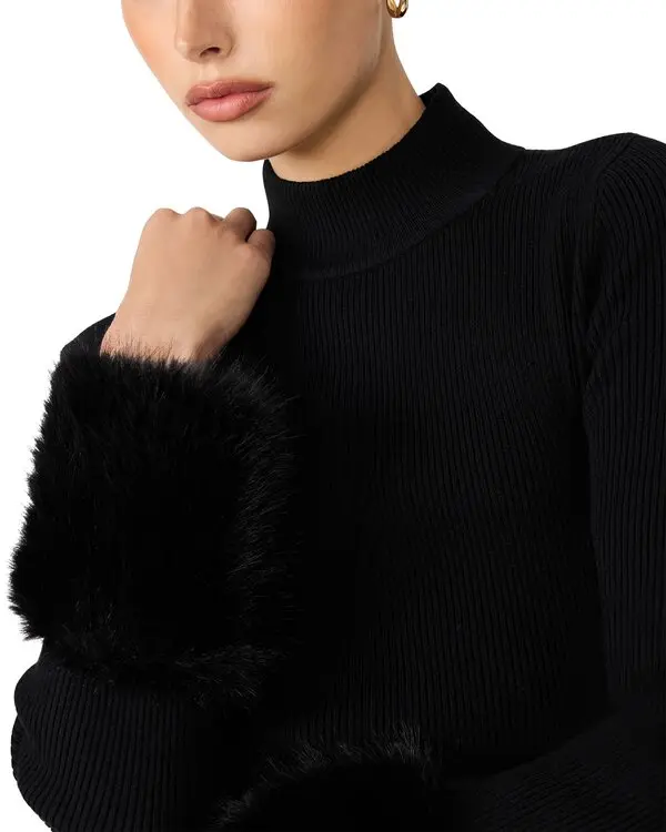 Steve Madden Riello Faux Fur Trim Rib Knit Mini Dress - Black