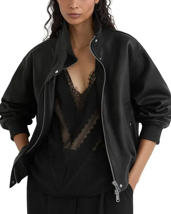 REISS Cara Leather Bomber Jacket