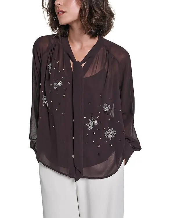Karl Lagerfeld Paris Chiffon Tie Neck Blouse - Chocolate