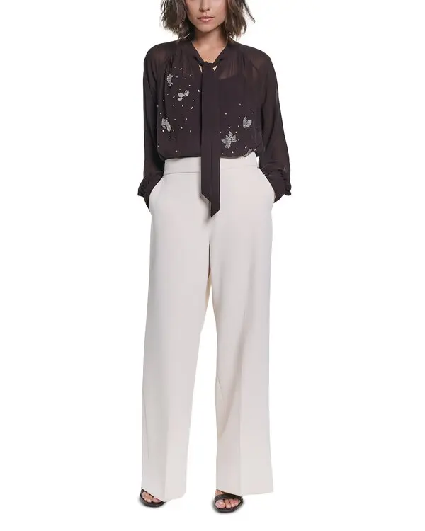 Karl Lagerfeld Paris Chiffon Tie Neck Blouse - Chocolate