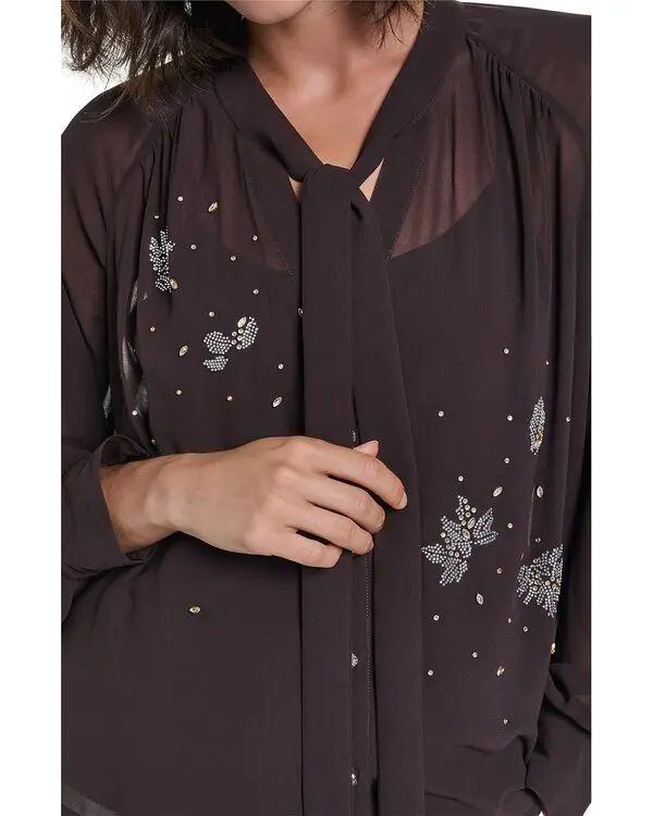 Karl Lagerfeld Paris Chiffon Tie Neck Blouse - Chocolate