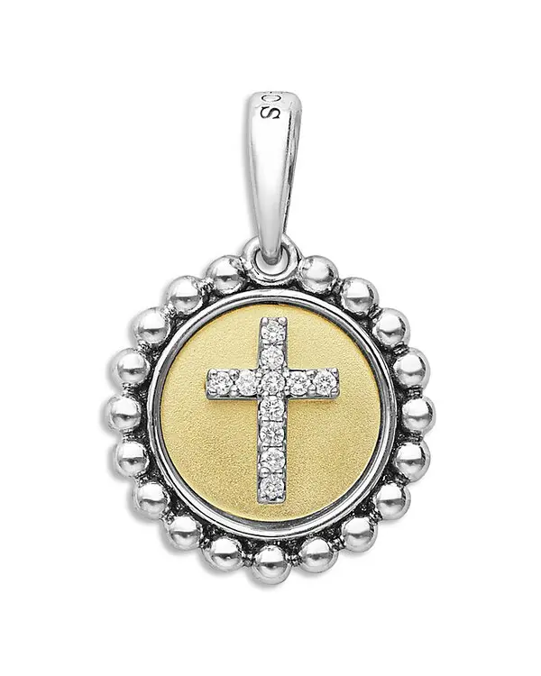 Lagos 18k Yellow Gold & Sterling Signature Caviar Diamond Cross Bead Frame Pendant, 0.05 Tcw - Silver