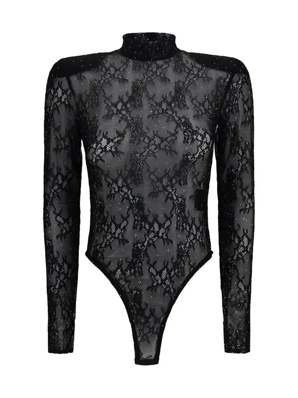 NISSA Long-sleeve Lace And Rhinestone Bodysuit - Black