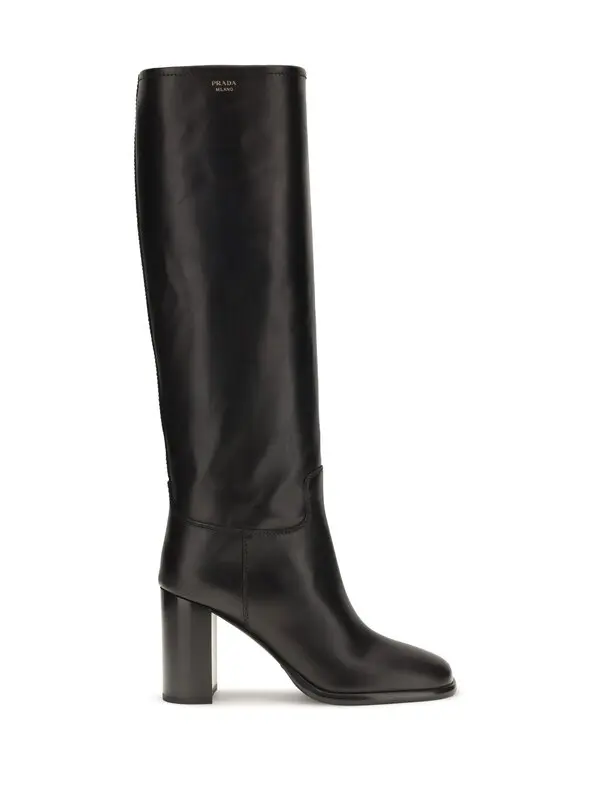 Prada High Leather Boots With Screen-printed Logo - Black