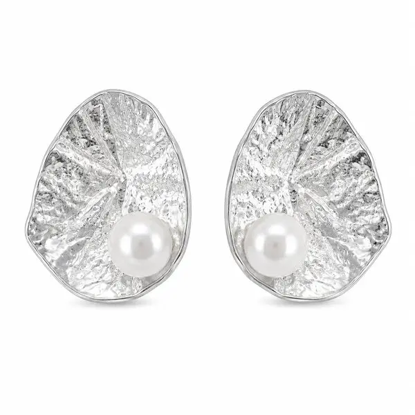ANGEL BAROCCO Freshwater Pearl Hammered Statement Stud Earrings - Silver