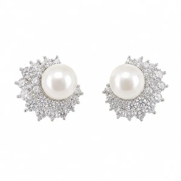 ANGEL BAROCCO Freshwater Pearl Crystal Cluster Stud Earrings - Silver
