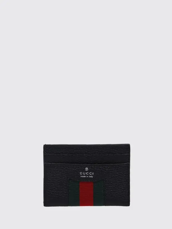 Gucci Flat Card Holder In Hammered Leather With Web Detail - Black