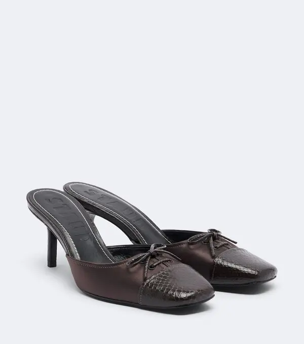 Staud Faye Leather-trimmed Satin Mules - Brown