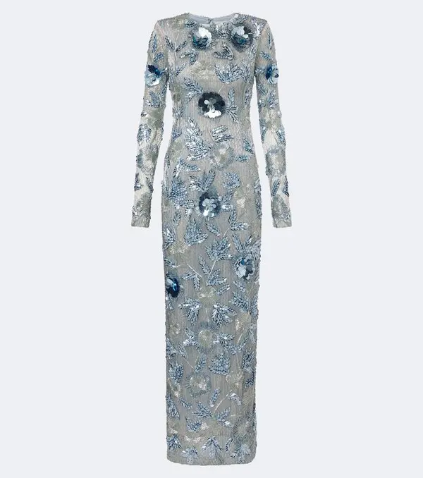 Rachel Gilbert Pierre Embellished Floral-appliqué Gown - Blue