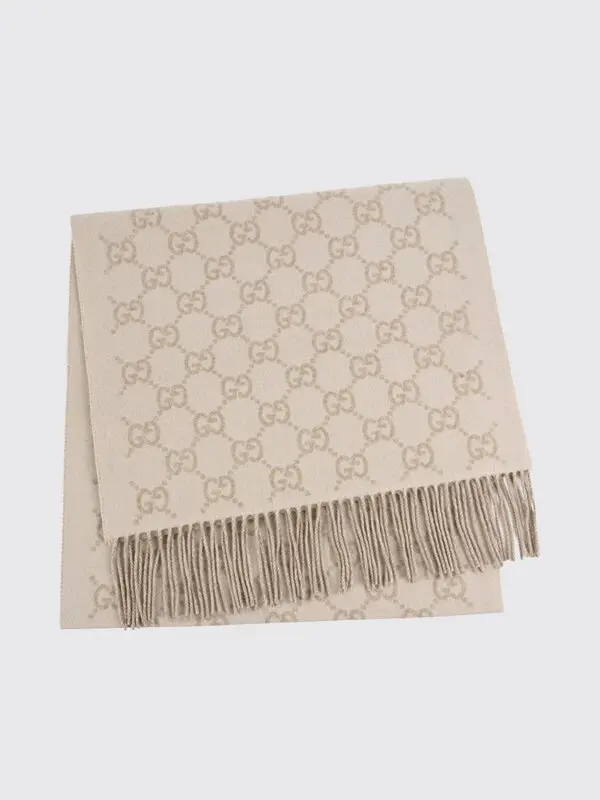 Gucci Gg Monogram Pure Cashmere Scarf With Fringed Edges - Brown