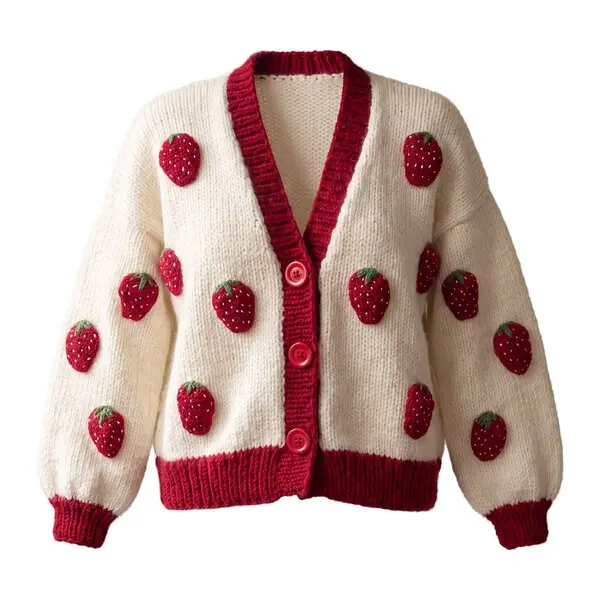 ANA CHIC Neutrals Burgundy Trim Strawberry Handmade Knitted Cardigan