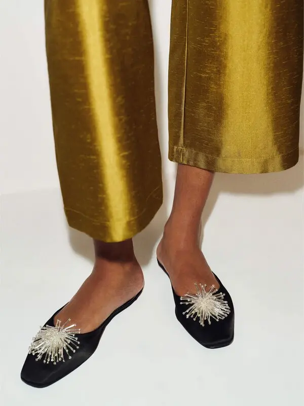 REFORMATION Yoanna Flat Mule Satin Pom