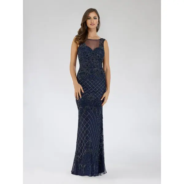 LARA NEW YORK Illusion Neckline Long Dress