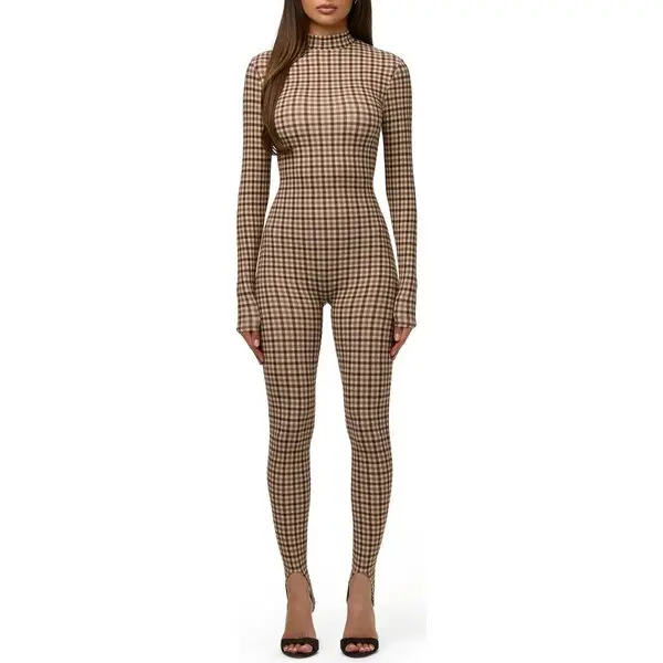 Naked Wardrobe Stirrup Mock Neck Jumpsuit - Micro Plaid
