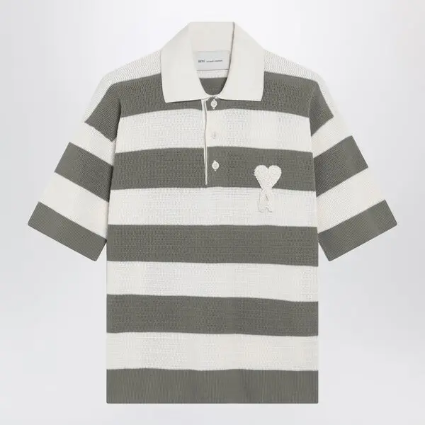 AMI Paris De Coeur Striped Cotton Knit Polo Shirt - White