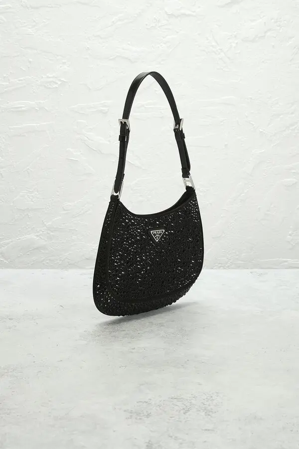 Prada Satin Embellished Cleo Shoulder Bag - Black