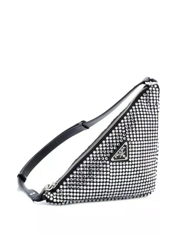 Prada Triangle Top Handle Pouch Bag Crystal Embellished Satin Mini Satchel - Black