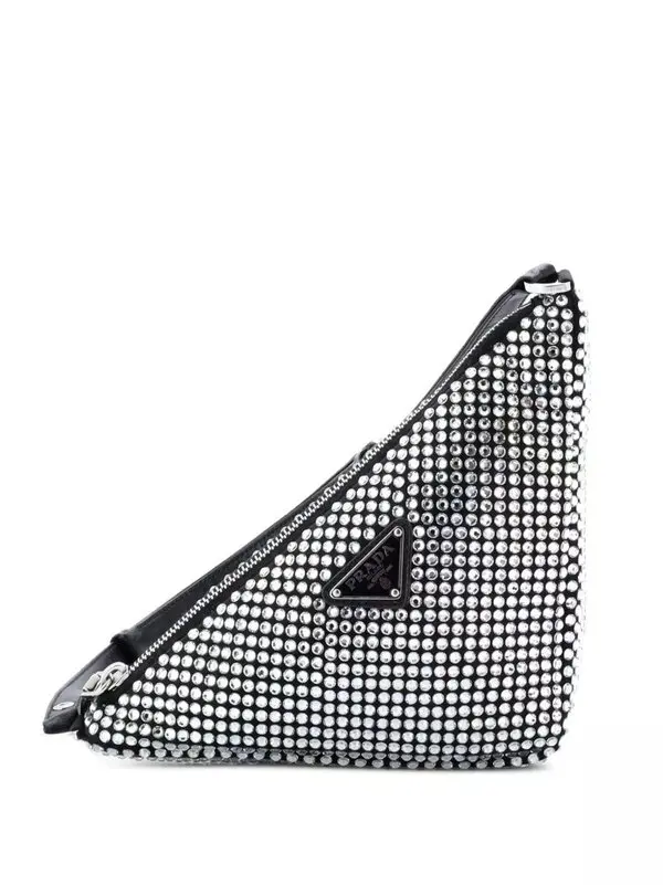 Prada Triangle Top Handle Pouch Bag Crystal Embellished Satin Mini Satchel - Black