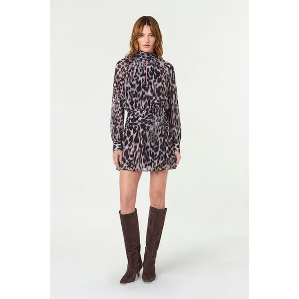 NICHOLAS Courtney Front Neck Tie Printed Mini Dress - Bordeaux Leopard