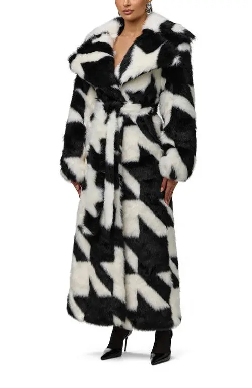 Naked Wardrobe Houndstooth Jacquard Faux Fur Coat