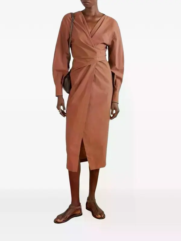 Brunello Cucinelli Wrap-style Long-sleeve Midi Dress - Brown