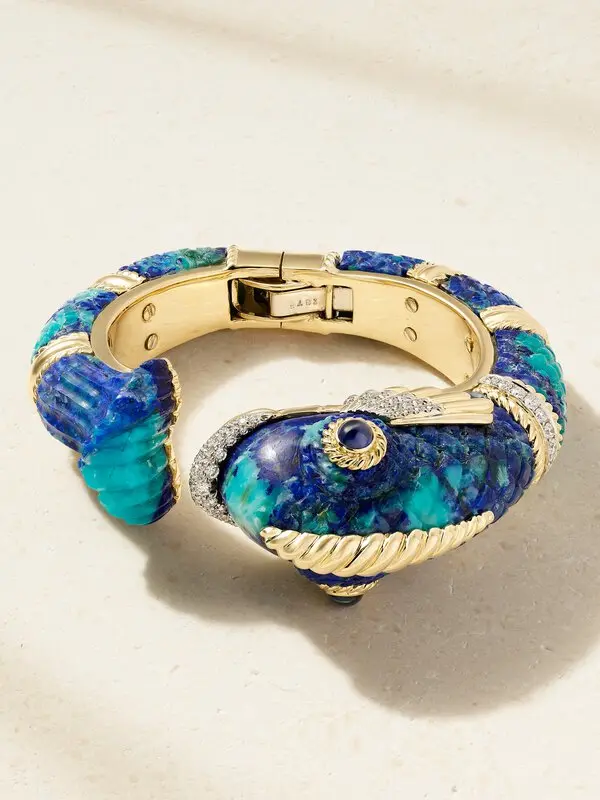 David Webb Fish 18-karat Gold And Platinum, Azurmalachite And Sapphire Bangle