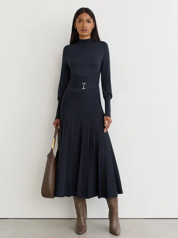 REISS Lydia Belted Pleated Knit Midi Dress