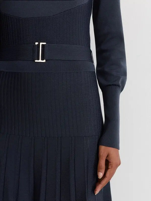 REISS Lydia Belted Pleated Knit Midi Dress
