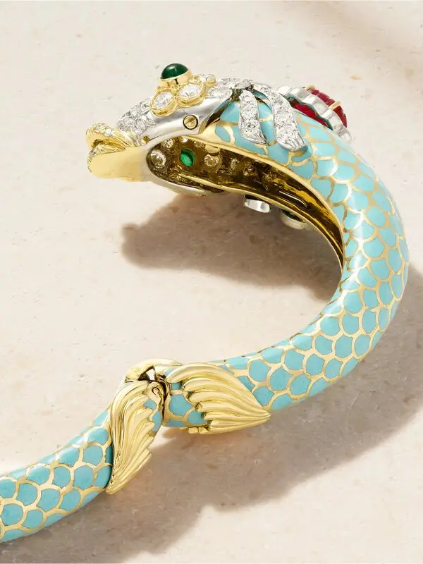 David Webb Pisces 18-karat And Platinum Diamond, Emerald, Ruby And Enamel Bangle