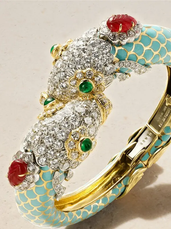 David Webb Pisces 18-karat And Platinum Diamond, Emerald, Ruby And Enamel Bangle