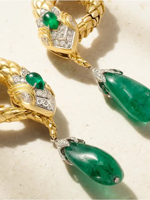 David Webb Snake 18-karat And Platinum Diamond, Diamond And Emerald Earrings