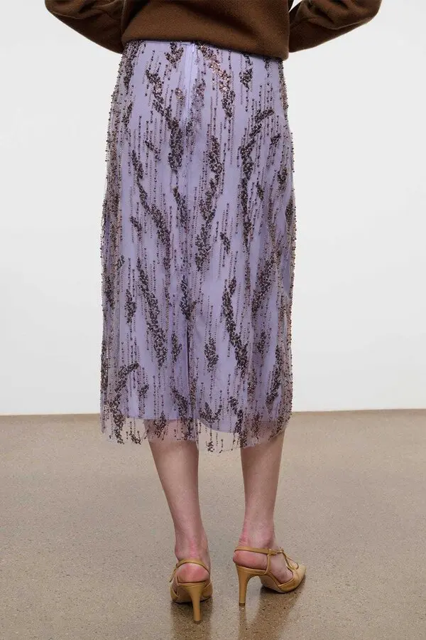 Staud Aviva Beaded Tulle Midi Skirt