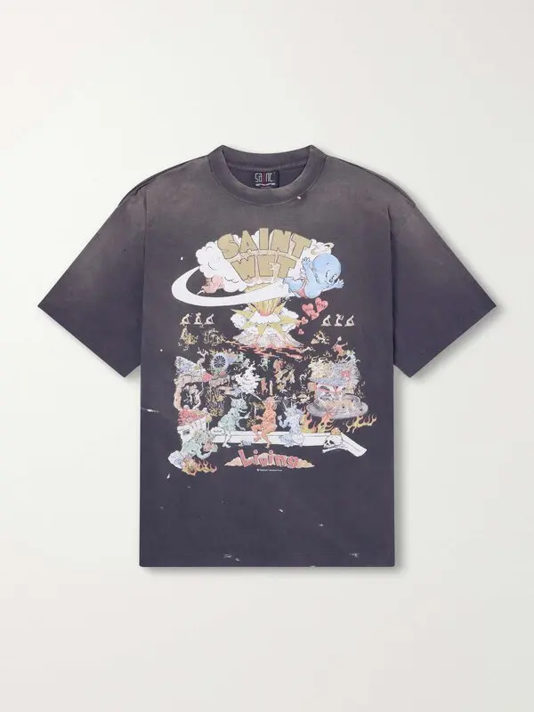 SAINT MXXXXXX Living Printed Distressed Cotton-jersey T-shirt